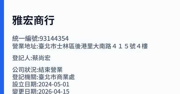 雅宏商行的照片-統編 93144354(臺北市) 公司登記資料與營業項目詳細圖表