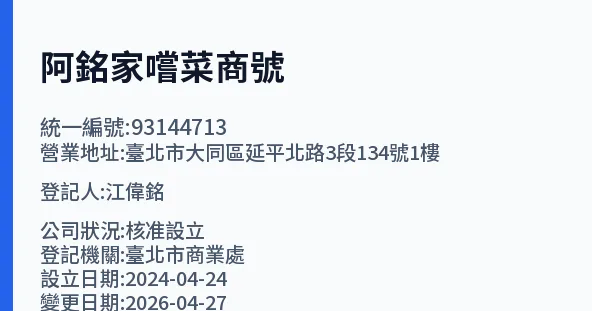 阿銘家嚐菜商號的照片-統編 93144713(臺北市) 公司登記資料與營業項目詳細圖表