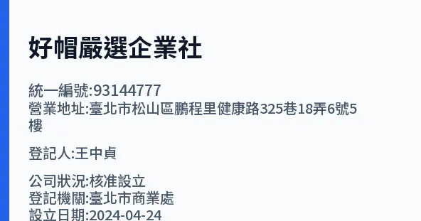 好帽嚴選企業社的照片-統編 93144777(臺北市) 公司登記資料與營業項目詳細圖表