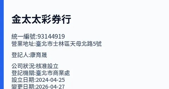 金太太彩券行的照片-統編 93144919(臺北市) 公司登記資料與營業項目詳細圖表