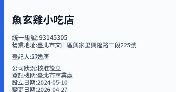 魚玄雞小吃店的照片-統編 93145305(臺北市) 公司登記資料與營業項目詳細圖表