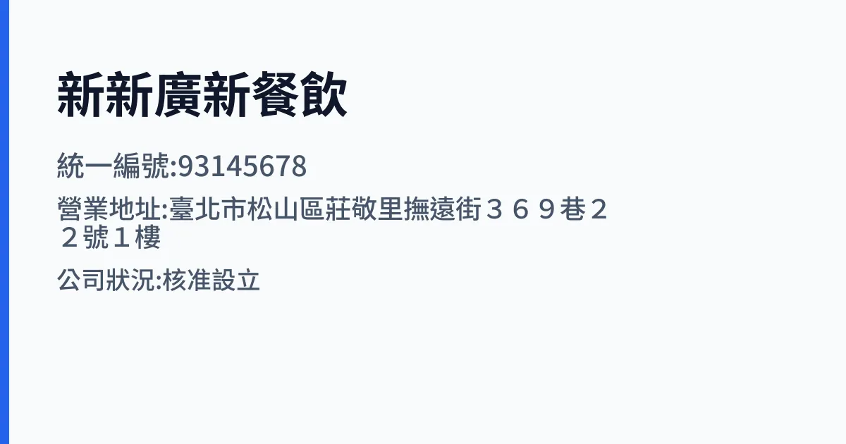 新新廣新餐飲 - 統編 93145678（臺北市） 公司登記資料與營業項目詳細圖表