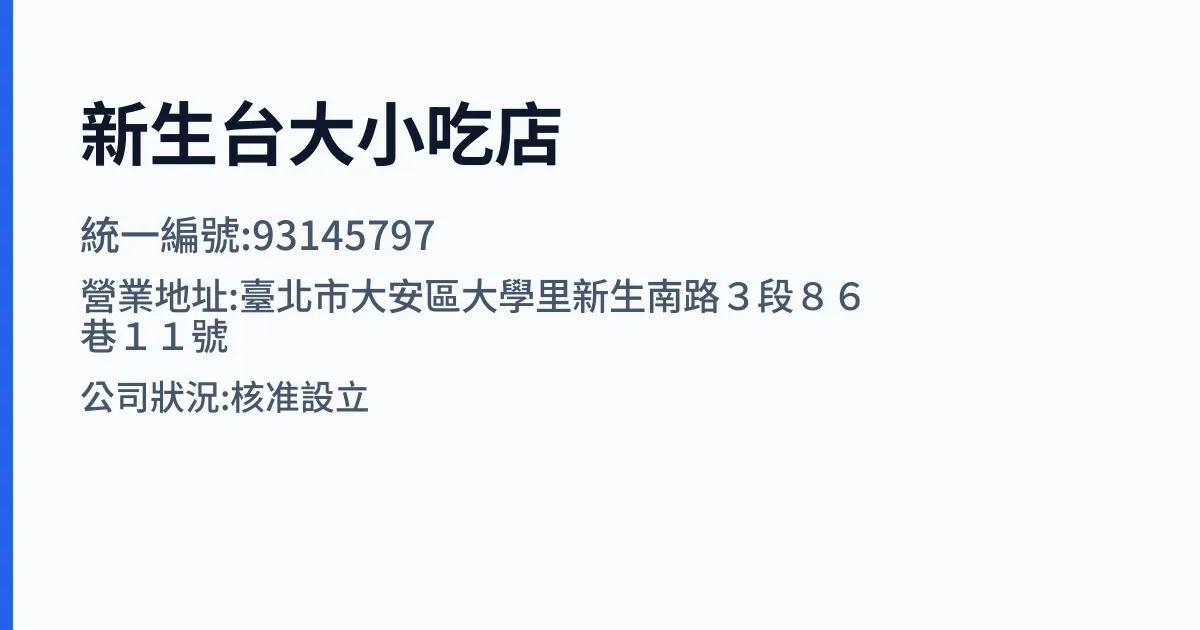新生台大小吃店 - 統編 93145797(臺北市) 公司登記資料與營業項目詳細圖表
