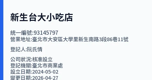 新生台大小吃店的照片-統編 93145797(臺北市) 公司登記資料與營業項目詳細圖表