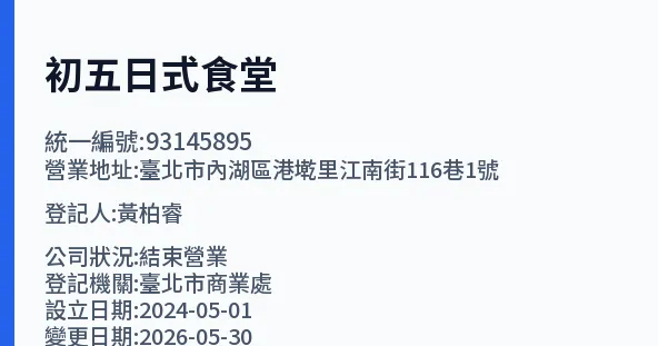 初五日式食堂的照片-統編 93145895(臺北市) 公司登記資料與營業項目詳細圖表