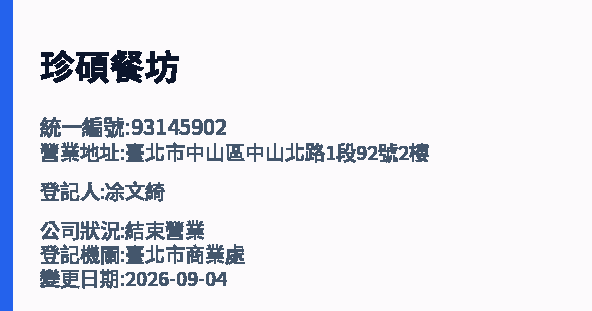珍碩餐坊的照片-統編 93145902(臺北市) 公司登記資料與營業項目詳細圖表