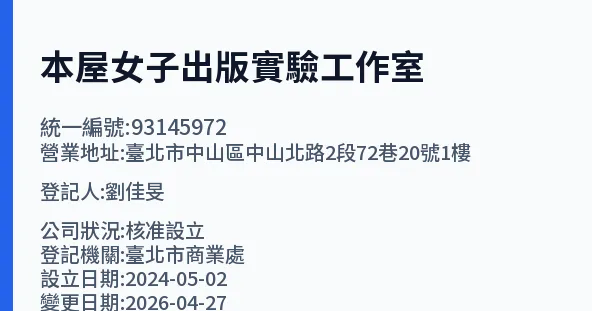 本屋女子出版實驗工作室的照片-統編 93145972(臺北市) 公司登記資料與營業項目詳細圖表
