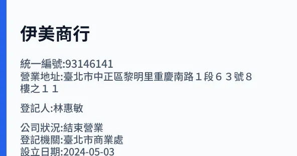 伊美商行的照片-統編 93146141(臺北市) 公司登記資料與營業項目詳細圖表