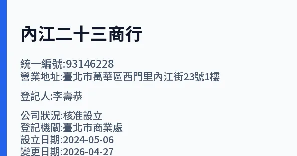 內江二十三商行的照片-統編 93146228(臺北市) 公司登記資料與營業項目詳細圖表