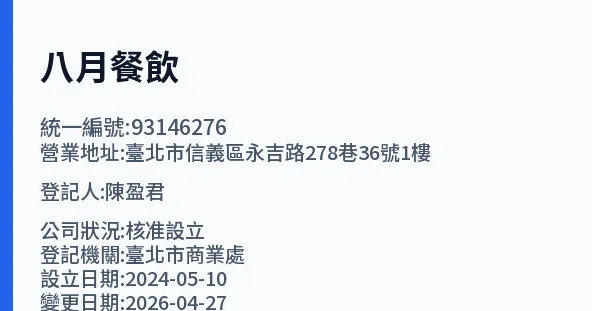 八月餐飲的照片-統編 93146276(臺北市) 公司登記資料與營業項目詳細圖表