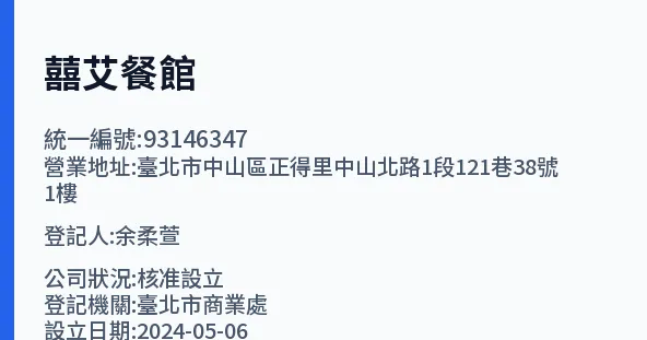 囍艾餐館的照片-統編 93146347(臺北市) 公司登記資料與營業項目詳細圖表
