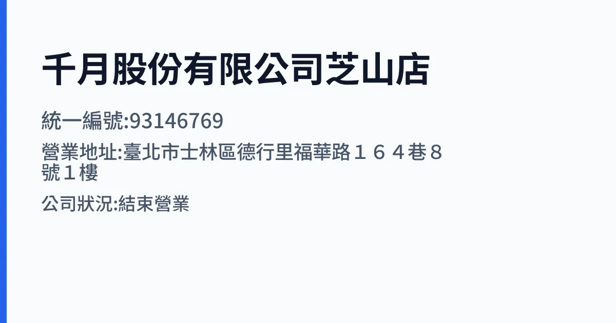 千月股份有限公司芝山店 - 統編 93146769(臺北市) 公司登記資料與營業項目詳細圖表