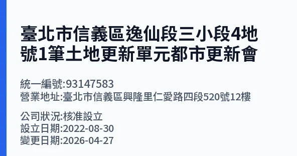 臺北市信義區逸仙段三小段4地號1筆土地更新單元都市更新會的照片-統編 93147583(臺北市) 公司登記資料與營業項目詳細圖表