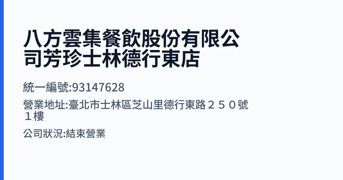 八方雲集餐飲股份有限公司芳珍士林德行東店 - 統編 93147628(臺北市) 公司登記資料與營業項目詳細圖表