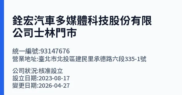 銓宏汽車多媒體科技股份有限公司士林門市的照片-統編 93147676(臺北市) 公司登記資料與營業項目詳細圖表