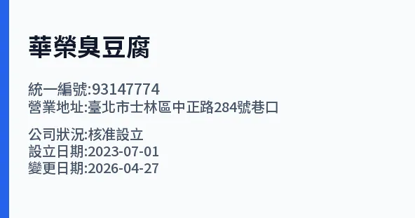 華榮臭豆腐的照片-統編 93147774(臺北市) 公司登記資料與營業項目詳細圖表