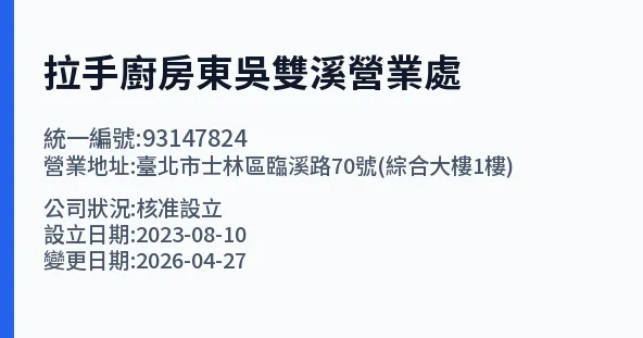 拉手廚房東吳雙溪營業處的照片-統編 93147824(臺北市) 公司登記資料與營業項目詳細圖表