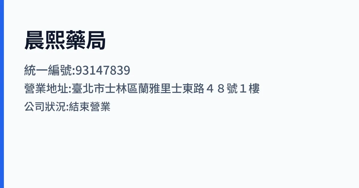 晨熙藥局 - 統編 93147839(臺北市) 公司登記資料與營業項目詳細圖表