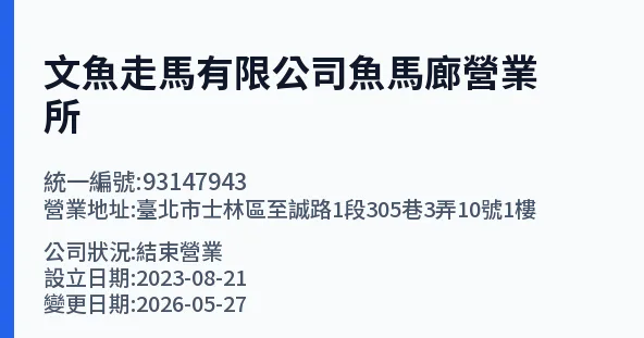 文魚走馬有限公司魚馬廊營業所的照片-統編 93147943(臺北市) 公司登記資料與營業項目詳細圖表