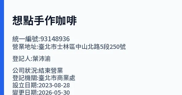 想點手作咖啡的照片-統編 93148936(臺北市) 公司登記資料與營業項目詳細圖表