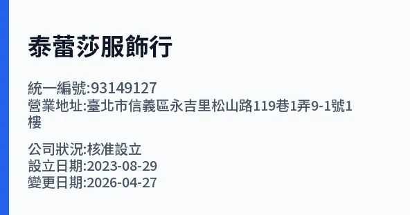 泰蕾莎服飾行的照片-統編 93149127(臺北市) 公司登記資料與營業項目詳細圖表
