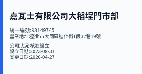 嘉瓦士有限公司大稻埕門市部的照片-統編 93149745(臺北市) 公司登記資料與營業項目詳細圖表