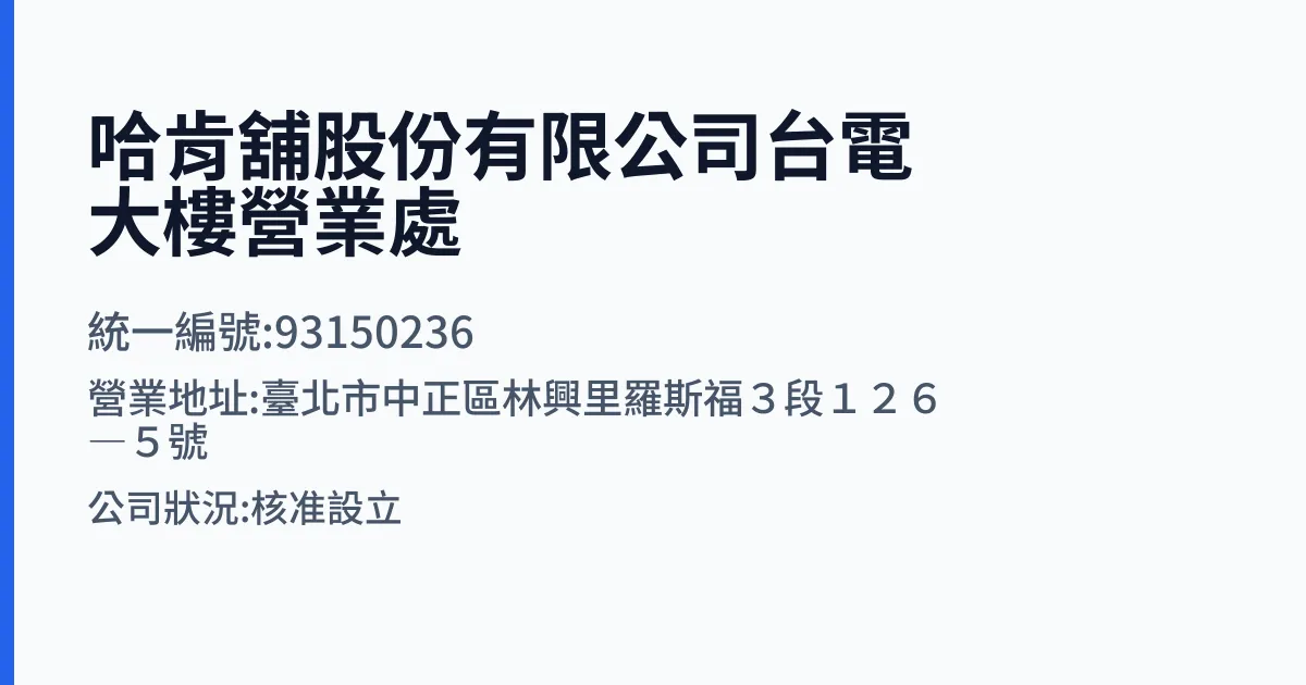 哈肯舖股份有限公司台電大樓營業處 - 統編 93150236(臺北市) 公司登記資料與營業項目詳細圖表