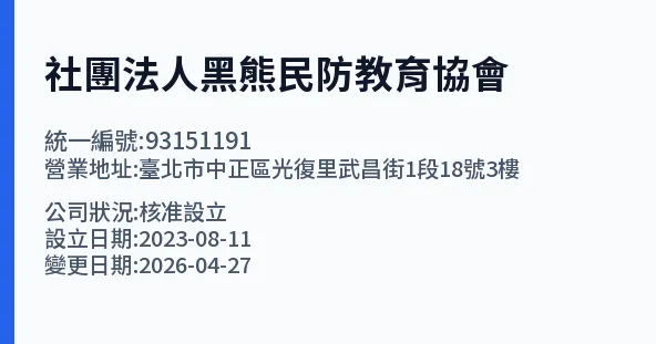 社團法人黑熊民防教育協會的照片-統編 93151191(臺北市) 公司登記資料與營業項目詳細圖表