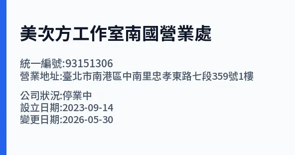美次方工作室南國營業處的照片-統編 93151306(臺北市) 公司登記資料與營業項目詳細圖表