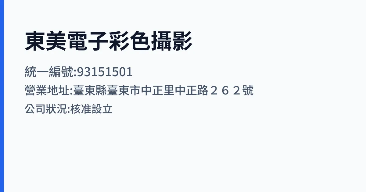 東美電子彩色攝影 - 統編 93151501(臺東縣) 公司登記資料與營業項目詳細圖表