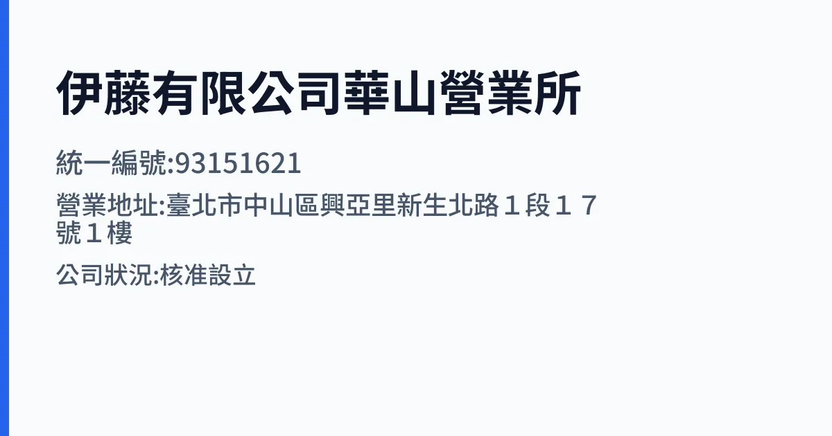 伊藤有限公司華山營業所 - 統編 93151621(臺北市) 公司登記資料與營業項目詳細圖表