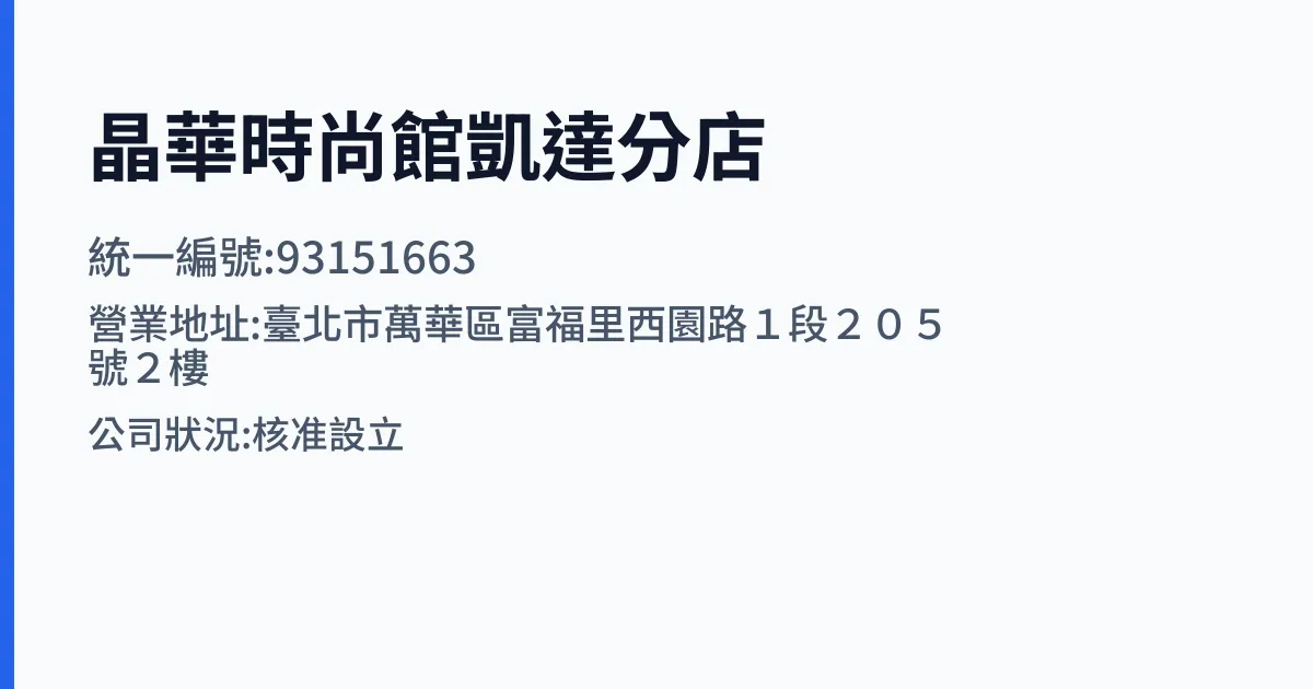 晶華時尚館凱達分店 - 統編 93151663(臺北市) 公司登記資料與營業項目詳細圖表