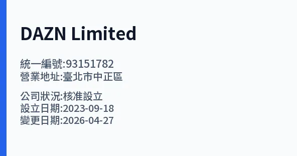 DAZN Limited的照片-統編 93151782(臺北市) 公司登記資料與營業項目詳細圖表