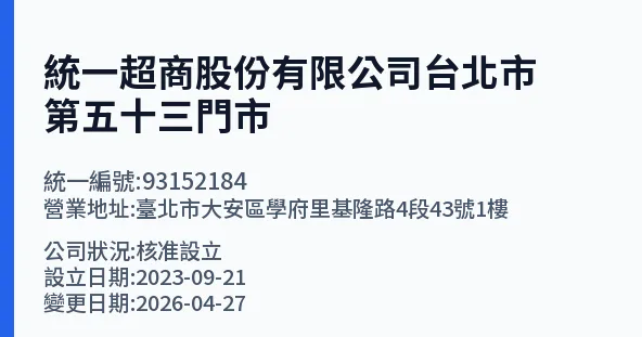 統一超商股份有限公司台北市第五十三門市的照片-統編 93152184(臺北市) 公司登記資料與營業項目詳細圖表