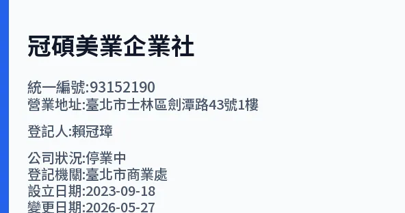 冠碩美業企業社的照片-統編 93152190(臺北市) 公司登記資料與營業項目詳細圖表