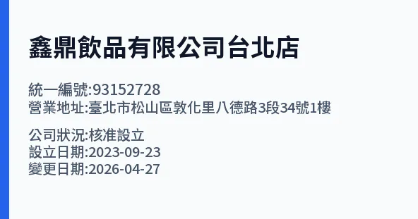 鑫鼎飲品有限公司台北店的照片-統編 93152728(臺北市) 公司登記資料與營業項目詳細圖表