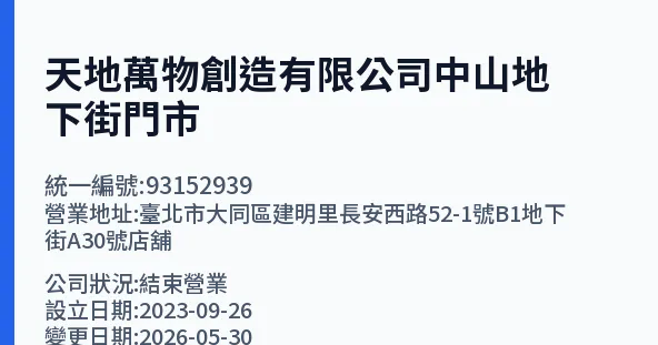 天地萬物創造有限公司中山地下街門市的照片-統編 93152939(臺北市) 公司登記資料與營業項目詳細圖表