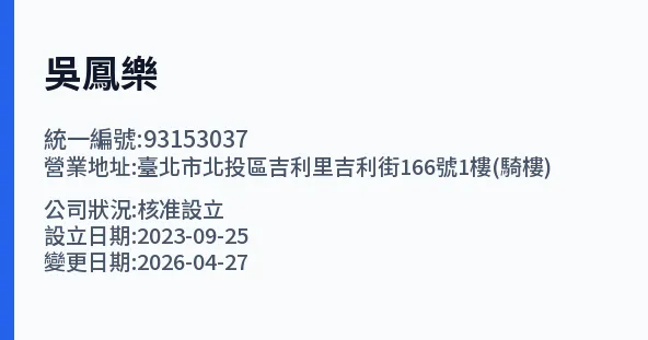 吳鳳樂的照片-統編 93153037(臺北市) 公司登記資料與營業項目詳細圖表