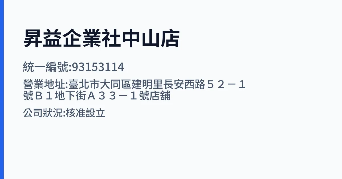 昇益企業社中山店 - 統編 93153114(臺北市) 公司登記資料與營業項目詳細圖表