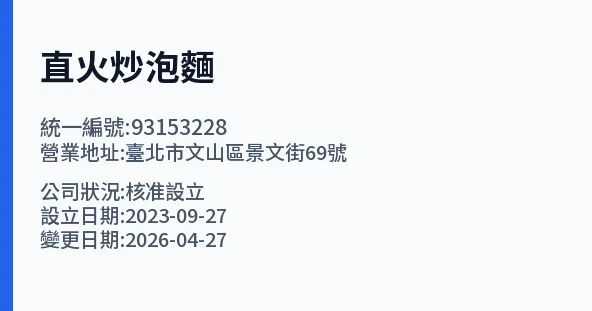 直火炒泡麵的照片-統編 93153228(臺北市) 公司登記資料與營業項目詳細圖表