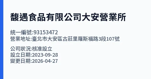 馥遇食品有限公司大安營業所的照片-統編 93153472(臺北市) 公司登記資料與營業項目詳細圖表