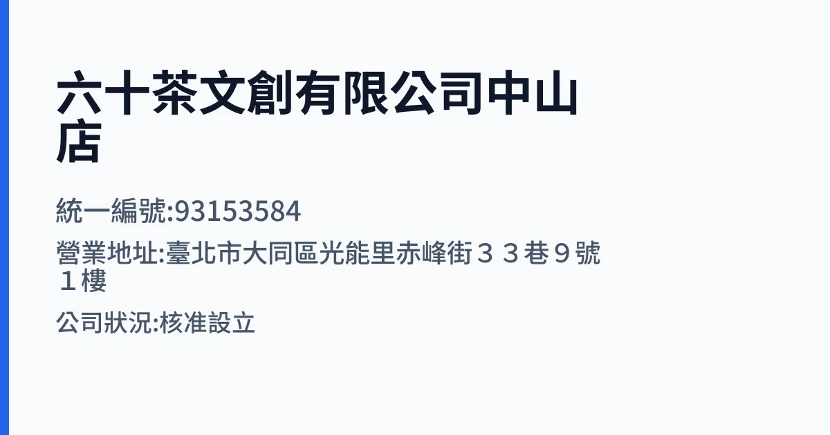 六十茶文創有限公司中山店 - 統編 93153584(臺北市) 公司登記資料與營業項目詳細圖表