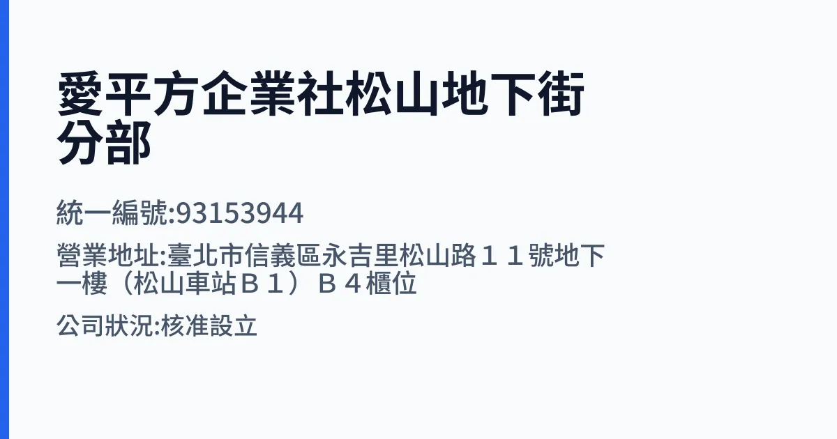 愛平方企業社松山地下街分部 - 統編 93153944(臺北市) 公司登記資料與營業項目詳細圖表