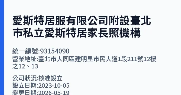 愛斯特居服有限公司附設臺北市私立愛斯特居家長照機構的照片-統編 93154090(臺北市) 公司登記資料與營業項目詳細圖表