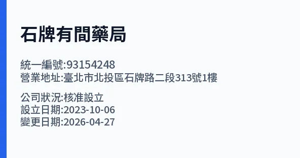 石牌有間藥局的照片-統編 93154248(臺北市) 公司登記資料與營業項目詳細圖表