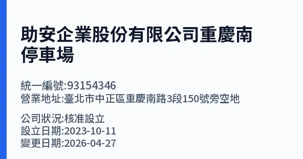 助安企業股份有限公司重慶南停車場的照片-統編 93154346(臺北市) 公司登記資料與營業項目詳細圖表