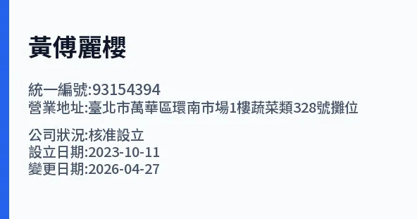 黃傅麗櫻的照片-統編 93154394(臺北市) 公司登記資料與營業項目詳細圖表
