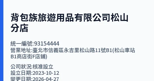 背包族旅遊用品有限公司松山分店的照片-統編 93154444(臺北市) 公司登記資料與營業項目詳細圖表