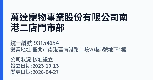 萬達寵物事業股份有限公司南港二店門市部的照片-統編 93154654(臺北市) 公司登記資料與營業項目詳細圖表