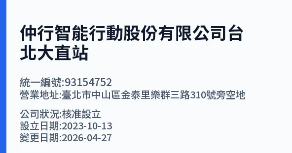 仲行智能行動股份有限公司台北大直站的照片-統編 93154752(臺北市) 公司登記資料與營業項目詳細圖表
